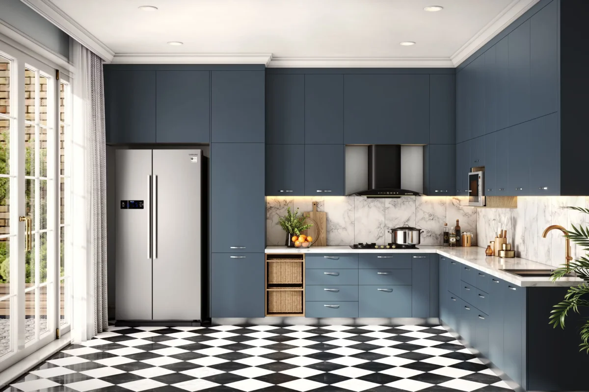 Desain Dapur Berbentuk L Kontemporer – Shore Dengan Meja Marmer Elegan