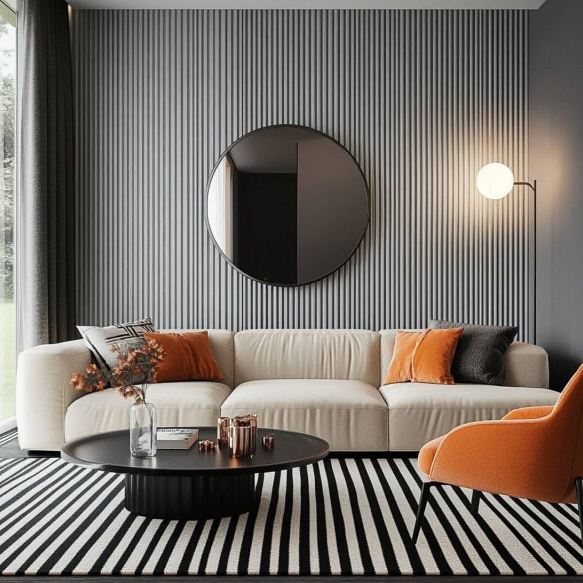 Desain Ruang Tamu Modern Dengan Sofa Krim 3 Tempat Duduk